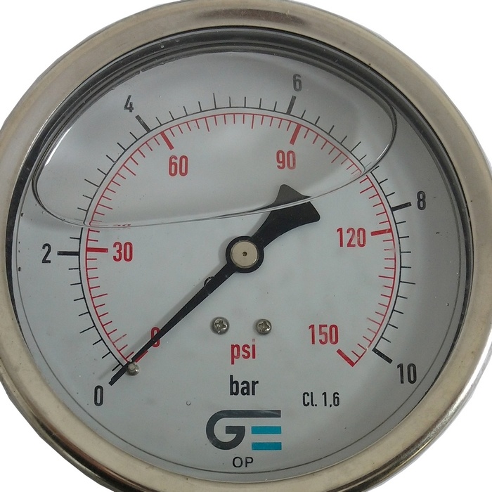 Manômetro Vertical 150 PSI / 10 Bar Com Rosca 1/2" BSP, Total Inox/Glicerina Ø 100 mm Cód. 288510